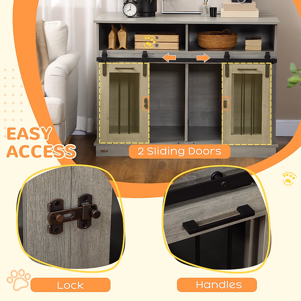 PawHut Dog Crate Furniture for Large Dogs or Double Dog Kennel for Small Dogs with Shelves, Sliding Doors, 47" x 23.5" x 35", Gray