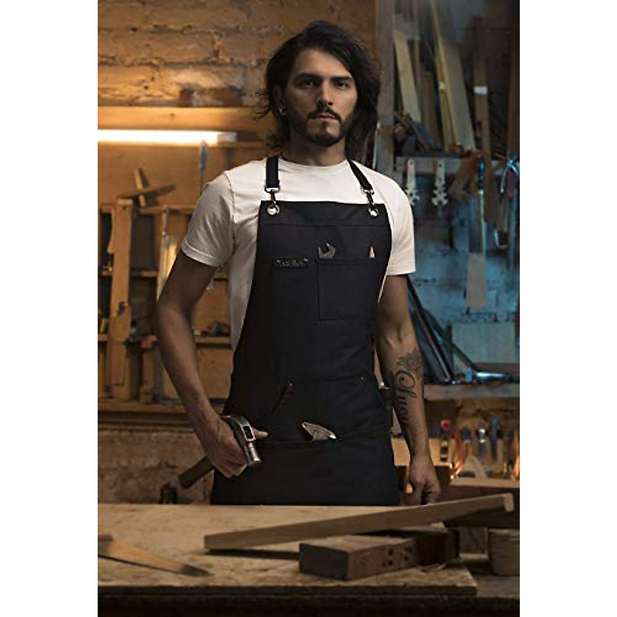 Asaya Chef, BBQ and Work Apron with Bottle Opener and Hand Towel - Durable 10oz Cotton Canvas, Brass Hardware and Cross Back Straps - For Men, Women, Grilling, and Cooking (Black)