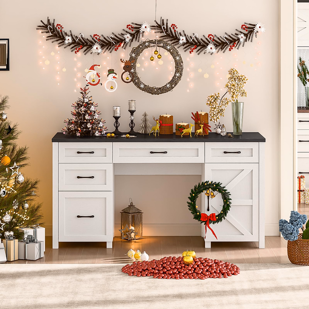 Farmhouse 61'' Executive Desk with 5 Drawers, Rustic Office Desk Computer Desk with Charging Station, File Drawers and Storage Cabinet, Wood Workstation for Home Office and Study, Black