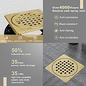 Yaseingoo 4” Drain Grate Kit - Compatible with Schluter Kerdi-Drain Flange - Shower Floor Drain Kit with Adjustable Collar - Removable Square Drain Set - SUS 304 Stainless Steel Grate - Brushed Brass