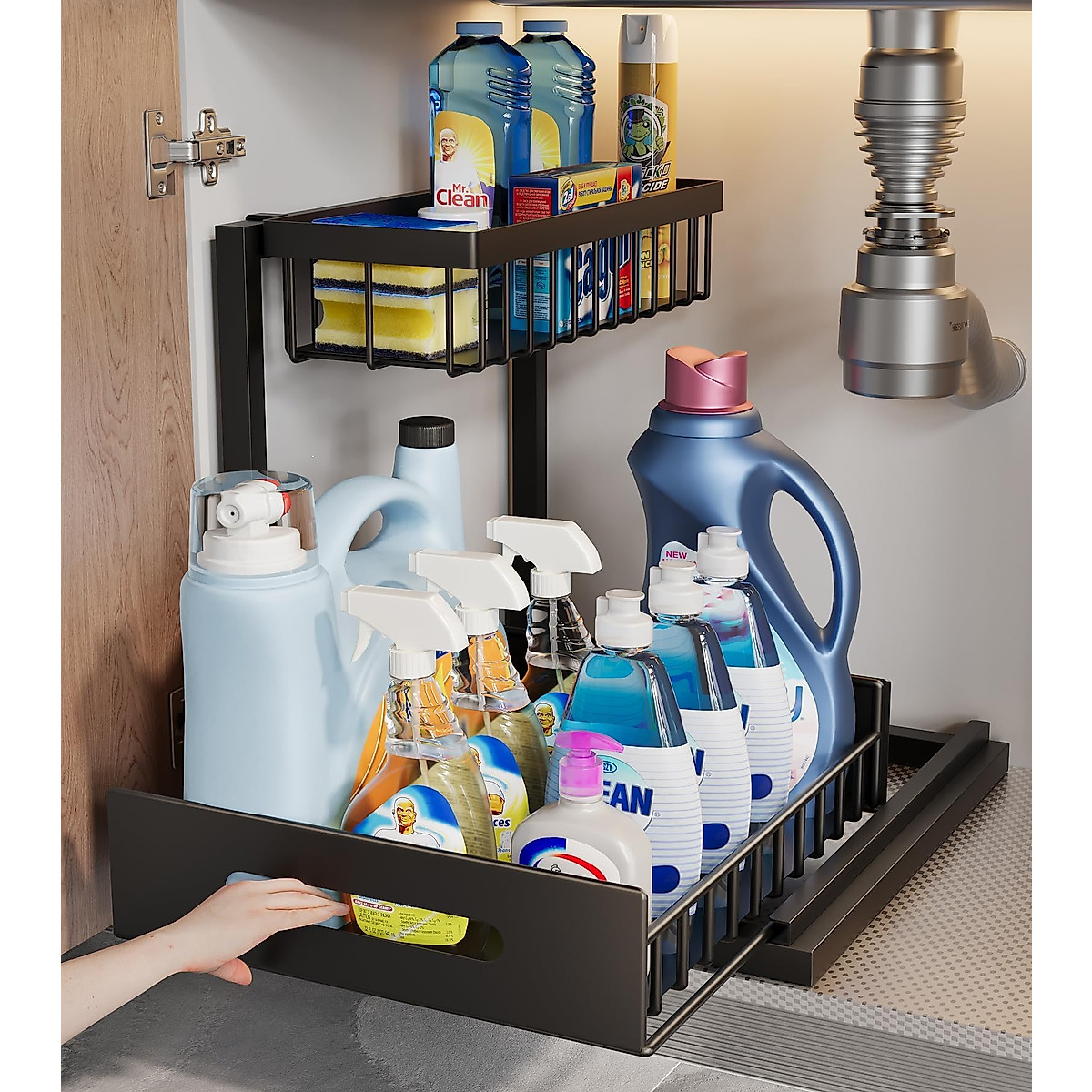 Solidhouse Under Sink Organizer, 2-Tier Under Kitchen Bathroom Sink Organizer and Storage, No Drilling Rustproof Stainless Steel Pull Out Shelf for Kitchen Bathroom (Black)