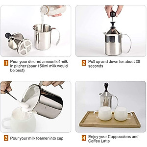 Sindh Stainless Steel Manual Milk Frother, Hand Pump Milk Foamer with Filter Screen for Cappuccino Coffee Latte Hot Chocolate, 14-Ounce Capacity (400ml)