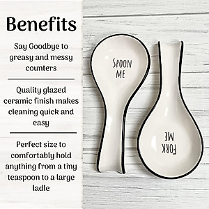 OAKOA 2 Pack Spoon Rest for Stove Top - Fork Me Spoon Me - Kitchen Spoon Holder for Kitchen Counter - Ceramic Ladle Holder - White Utensil Rest for Countertop - Cute Funny Farmhouse Spatula Holder