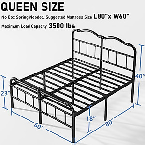 Breezehome Queen Size Bed Frame with Headboard, 18in High, Heavy Duty Metal Platform Bed Frame, Noise Free, Easy Assembly, No Box Spring Needed, Black