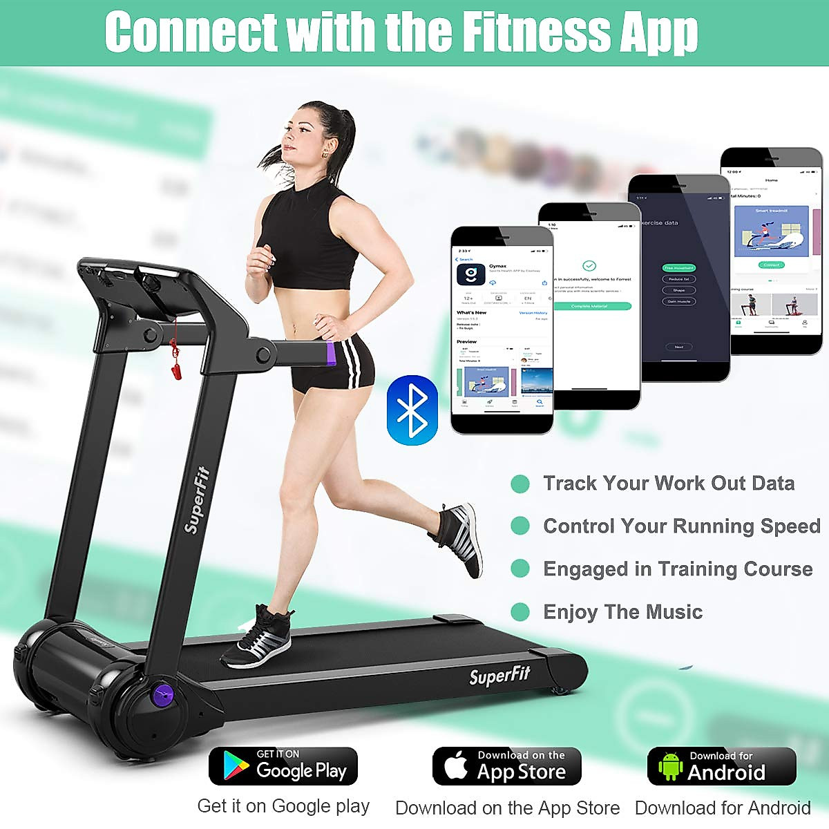 Goplus 3HP Electric Folding Treadmill, Self-Standing Superfit Treadmill with APP Control, Blue Tooth Speaker, HD Touch Screen, Installation-Free, Walking Jogging Running Machine for Home Office