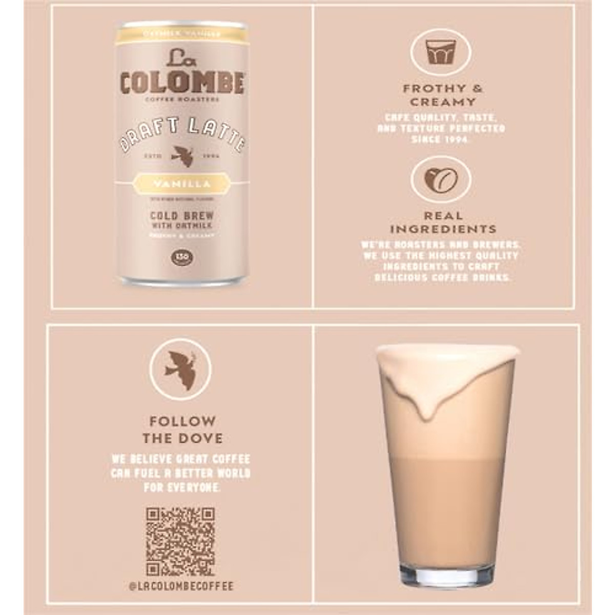 La Colombe Vanilla Draft Latte with Oatmilk - 9 Fl. Oz. 4 Pack - 100% Arabica Brazilian Cold Brew Coffee with Nitrous-Infused Oatmilk, Dairy-Free Vegan Latte, 120mg Natural Caffeine