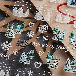 JMEOWIO 3D Embossed Christmas Nail Art Stickers Decals Self-Adhesive Pegatinas Uñas 5D Xmas White Snowflake Winter Holiday Nail Supplies Nail Art Design Decoration Accessories 4 Sheets