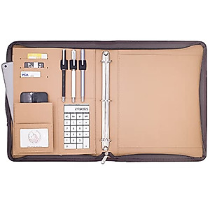 ECEIRO Leather Portfolio Ring Binder - Three Ring Binder Organizer Zippered Padfolio Folder Portfolio Organizer with Hidden Handle Cute Office Leather Binder - Gifts Supplies for Women