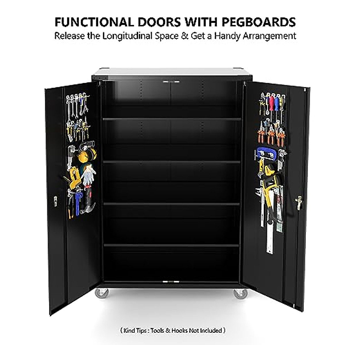 VINGLI 72" H Upgraded Tall & Wide Black Metal Storage Cabinet with Pegboards in Doors and 4 Adjustable Shelves, Garage Cabinet and Storage System with Wheels, Locking Cabinet for Home Office, Basement