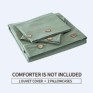 JELLYMONI Green 100% Washed Cotton Duvet Cover Set, 3 Pieces Luxury Soft Bedding Set with Buttons Closure. Solid Color Pattern Duvet Cover Queen Size(No Comforter)