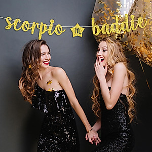 Scorpio Baddie Banner, Scorpio Happy Birthday Decor, 12 Constellation Zodiac Scorpio Themed Birthday Party Decorations for Boys and Girls - Gold Glitter