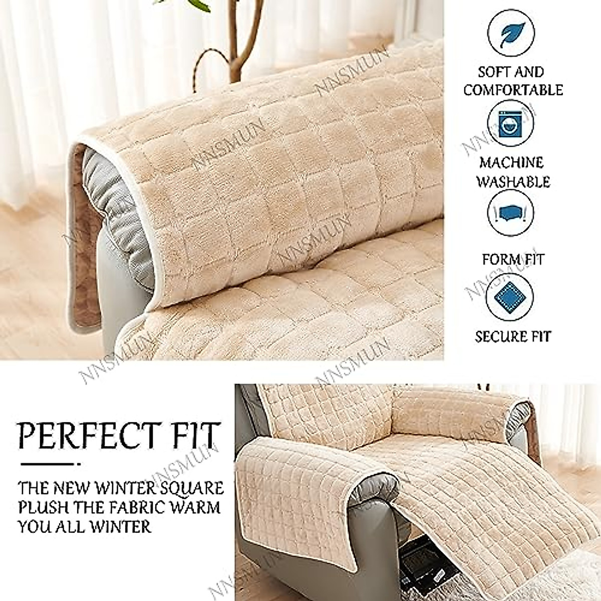 Armrest Chair Covers, Sofa Arm Protector Covers, Plush Armchair Cover, Furniture Protector Corner Sofa, Stretch Armchair Couch Arm Rest Cover for Recliner, Chair, Sofa (Beige,3 seater(167*190CM))