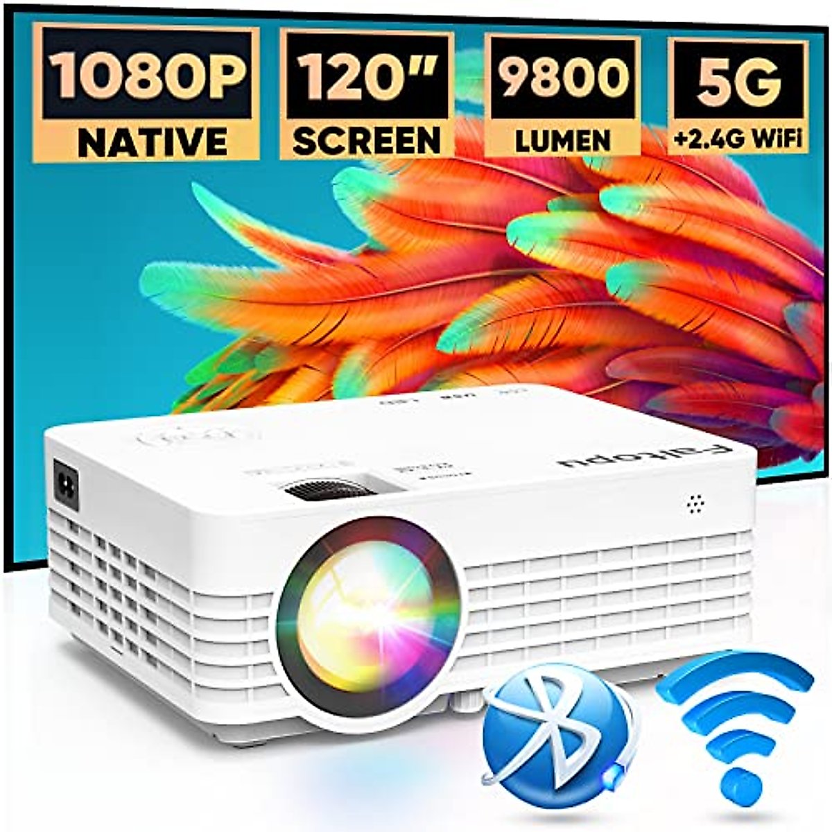 Native 1080P 5G WiFi Bluetooth Projector, Faltopu 9800lumen [120'' Screen Included] 300ANSI Outdoor Mini Movie Projector with WiFi and Bluetooth, Compatible with iOS/Android, TV Stick, HDMI