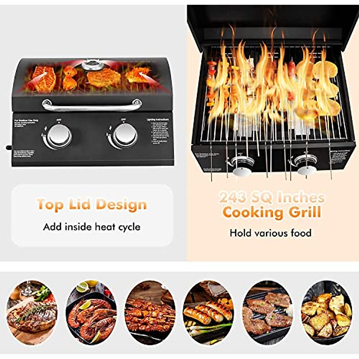 Grill Portable Gas Grill, Small Foldable Tabletop Propane BBQ Griddle w/Grease Tray, Thermometer, 20,000 BTU / 243 Sq.in Cooking Area, 2 Burner Gas Grill for Outdoor Camping, Tailgating, Picnic