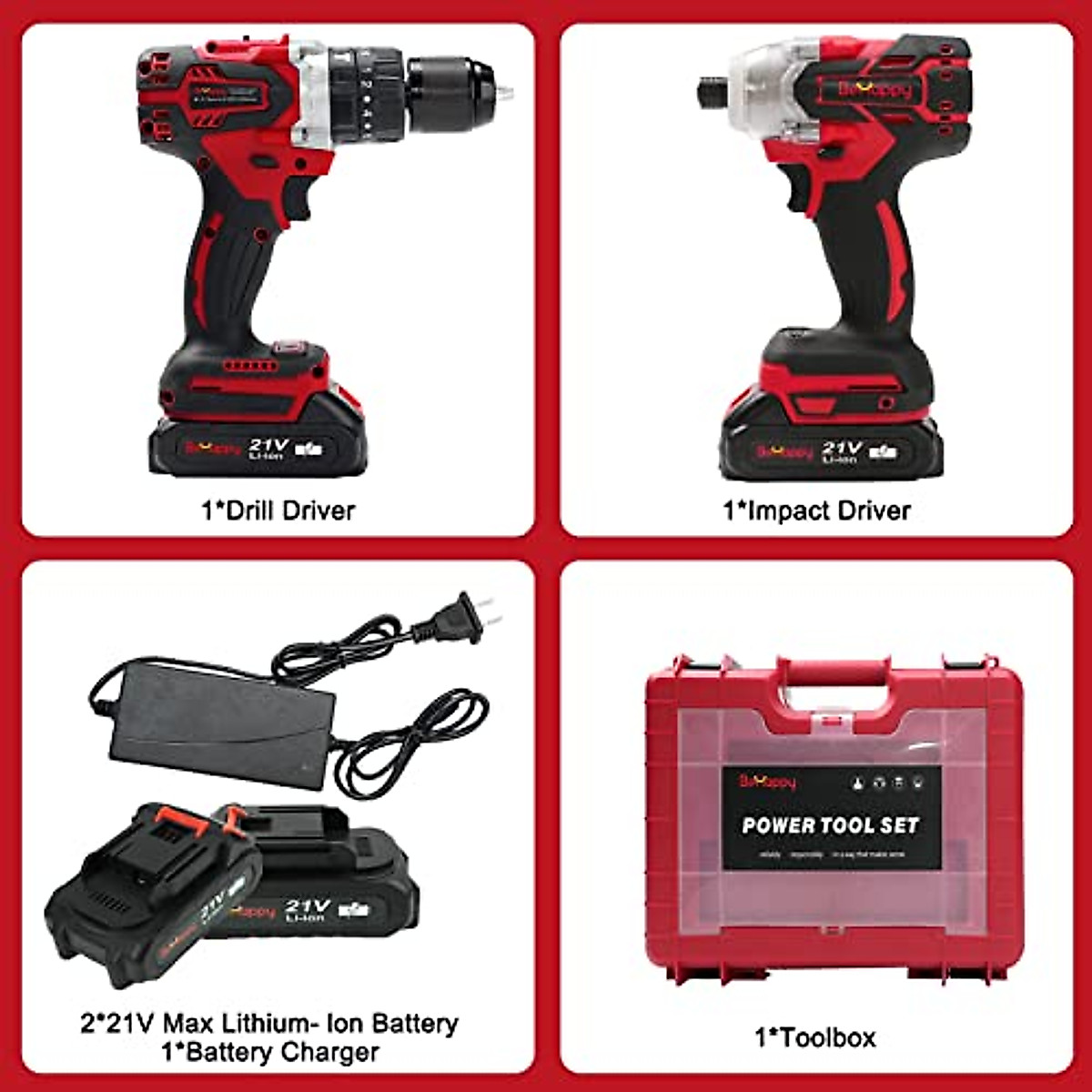 BeHappy Cordless Drill Combo Kit 21V, 1/2 Inch Brushless Power Tool Kit and 1/4 Inch Impact Driver, Electric Drill Kit with 2 Batteries and Charger, DIY