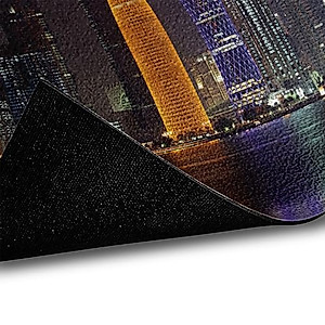 Ambesonne Urban Doormat, Qatar Middle East Town with Luminous Skyscraper at Night View, Decorative Polyester Floor Mat with Non-Skid Backing, 30" X 18", Charcoal Grey Purple Orange