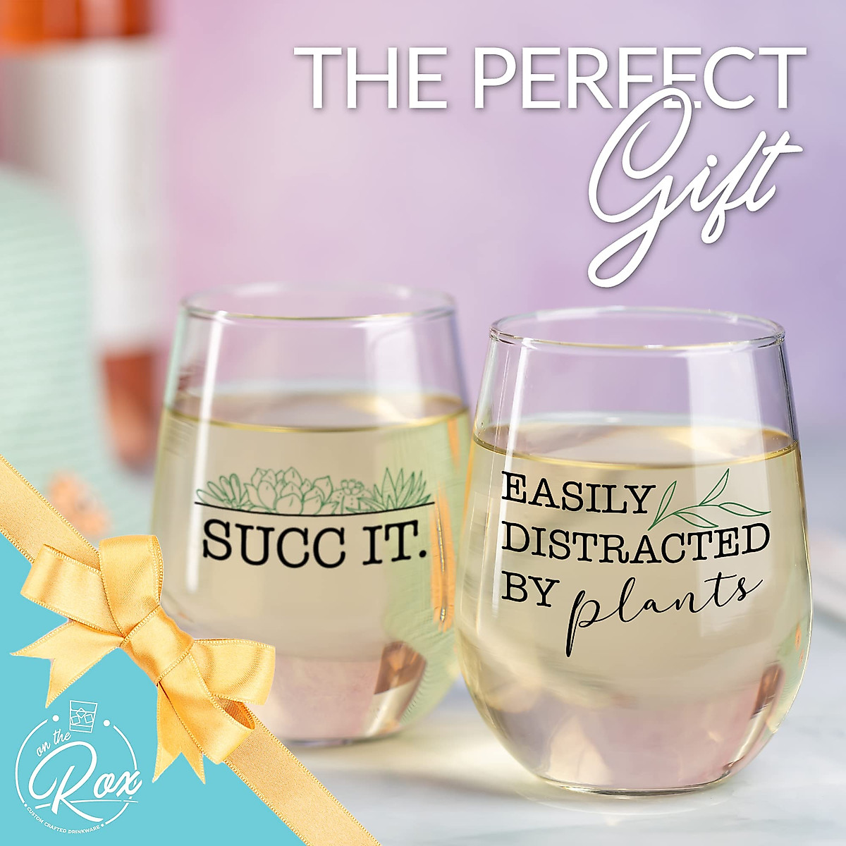 On The Rox Drinks Plant Lady Succulent Cactus Gifts for Women- Set of 2 Funny Wine Glasses 15oz (Easily Distracted by Plants - S**c It)