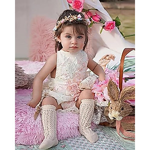 Easisim Newborn Infant Baby Girl Clothes Lace Embroidery Halter Backless Romper Jumpsuit Bodysuit Outfits (Beige,12-18 Months)