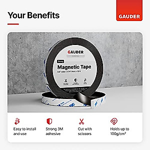 GAUDER Strong Magnetic Tape Self Adhesive (10 Feet Long x 0.6 Inch Wide) | Magnetic Strips with Adhesive Backing | Magnet Roll