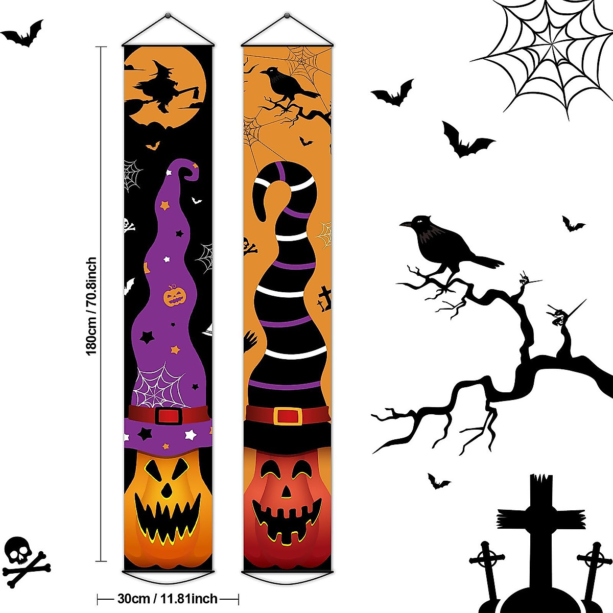 Halloween Pumpkin Porch Door Banners Decorations Pumpkin with Witch Hats Hanging Signs for Happy Halloween Outdoor Indoor Porch Decor for Front Door Outside Yard Welcome Home Wall Party Supplies
