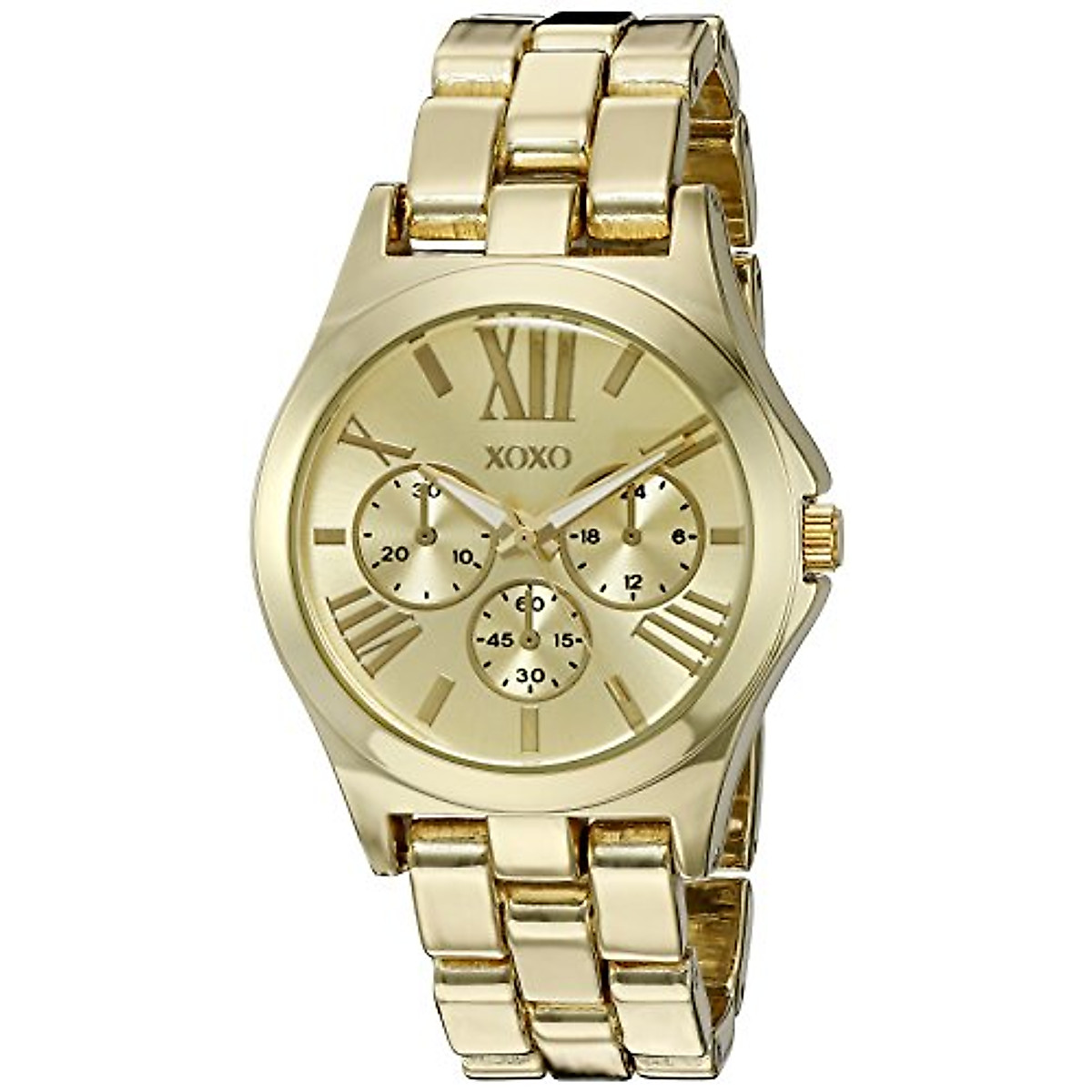 XOXO Women's Gold-Tone Analog Watch – 36mm Case with Roman Numerals, Multifunctional Subdials, and Polished Bracelet – Elegant Quartz Timepiece for Everyday Wear