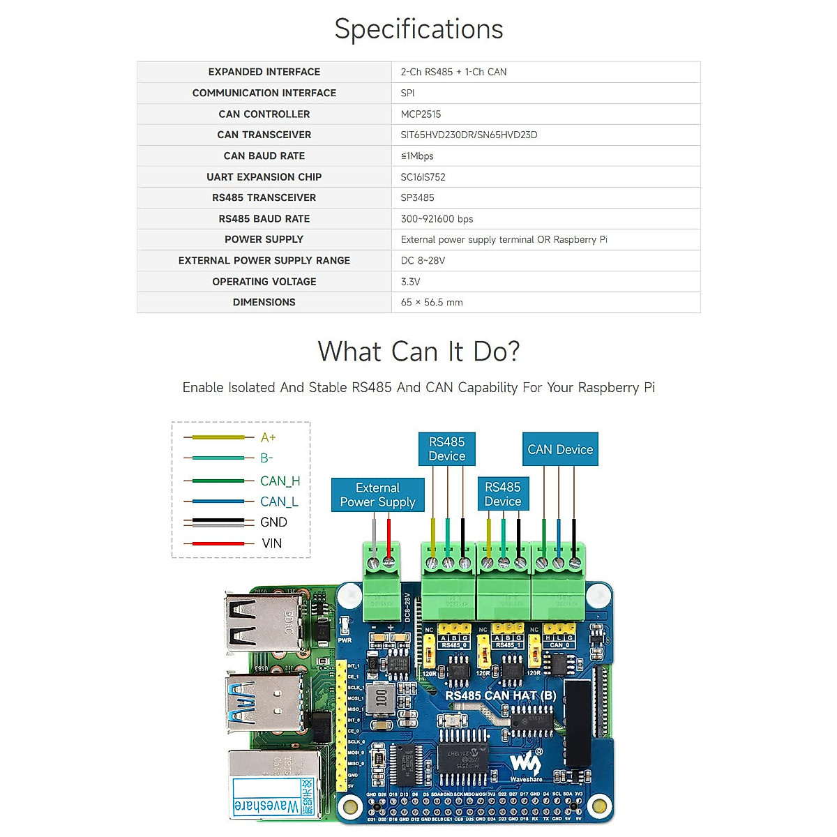 waveshare Isolated RS485 CAN HAT B, Compatible with Raspberry Pi 5/4B/3B/Zero/Zero W/Zero 2W/Pico/Pico W/Pico WH, Type 2-Ch RS485 and 1-Ch CAN Multi Protections