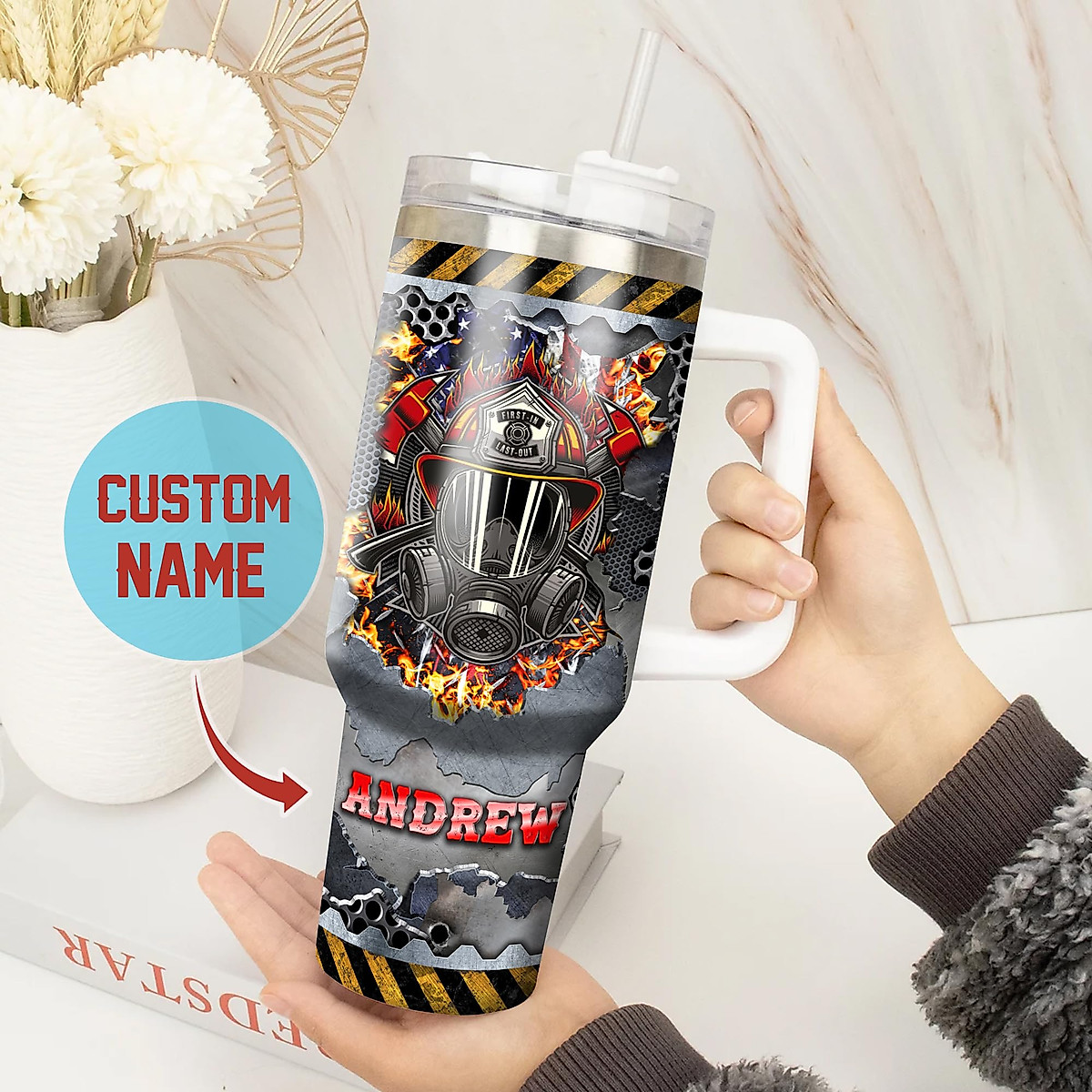 WAZONE Personalized Firefighter 40oz Tumbler with Handle and Straw Lid Custom Name Stainless Steel Insulated Cup American Flag Travel Coffee Mug Gifts For Firefighters Fireman Husband