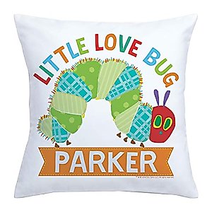 Eric Carle's Very Hungry Caterpillar Personalized Throw Pillow with Love Bug on White Removable Cover, Custom Name Printed, Official Licensed Product, 14x14