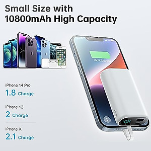 Portable Charger 10800mAh for iPhone,Small & Ultra-Compact 15W PD Fast Charging Power Bank ,LCD Display Battery Pack with Built-in-Cable Compatible with iPhone 14/14 Pro Max/13/12/X/XR/XS/8/7/6-White