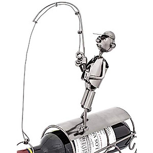 BRUBAKER Wine Bottle Holder 'Fisherman Catching Fish' - Table Top Metal Sculpture - with Greeting Card