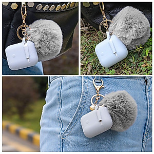 Earphone Silicone Case Cover Skin with Fur Ball Key Chain and Locking Carabiner Compatible with AirPods Charing Case - Hang Case Cover with Anti-Lost Strap as Headphone Accessories (Gray)