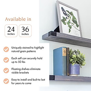 Willow & Grace Designs Modern Rustic Wooden Easily Mounted Floating Wall Shelves for Home Living Rooms and Bedrooms, Rustic Gray, 24 Inch, (Set of 2)