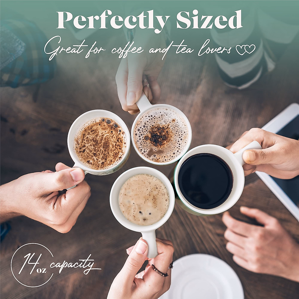 American Atelier Ceramic Green Multi-color Mug & Rack Set – 4 Cups & Standing Metal Rack for Kitchen Countertop, Tabletop, Island, or Café Display – Gift for Tea & Coffee Lovers, 14 oz, Boss Lady