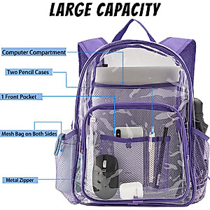 BAJNOKOU Clear Backpack Stadium Approved for Women Men Heavy Duty PVC Transparent See Through Backpacks for School Work Travel,Purple