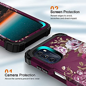 Hocase for Moto G 5G 2022 Case, Shockproof Heavy Duty Protection Soft Silicone Rubber Bumper+Hard Plastic Hybrid Protective Case for Motorola Moto G (2022) with 6.5" Display - Burgundy Flowers