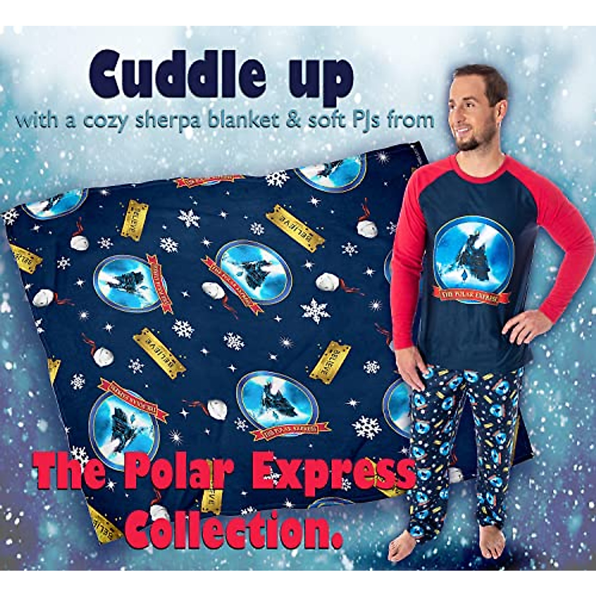 INTIMO The Polar Express Train Believe Golden Ticket Allover Print Fleece Sherpa Throw Blanket
