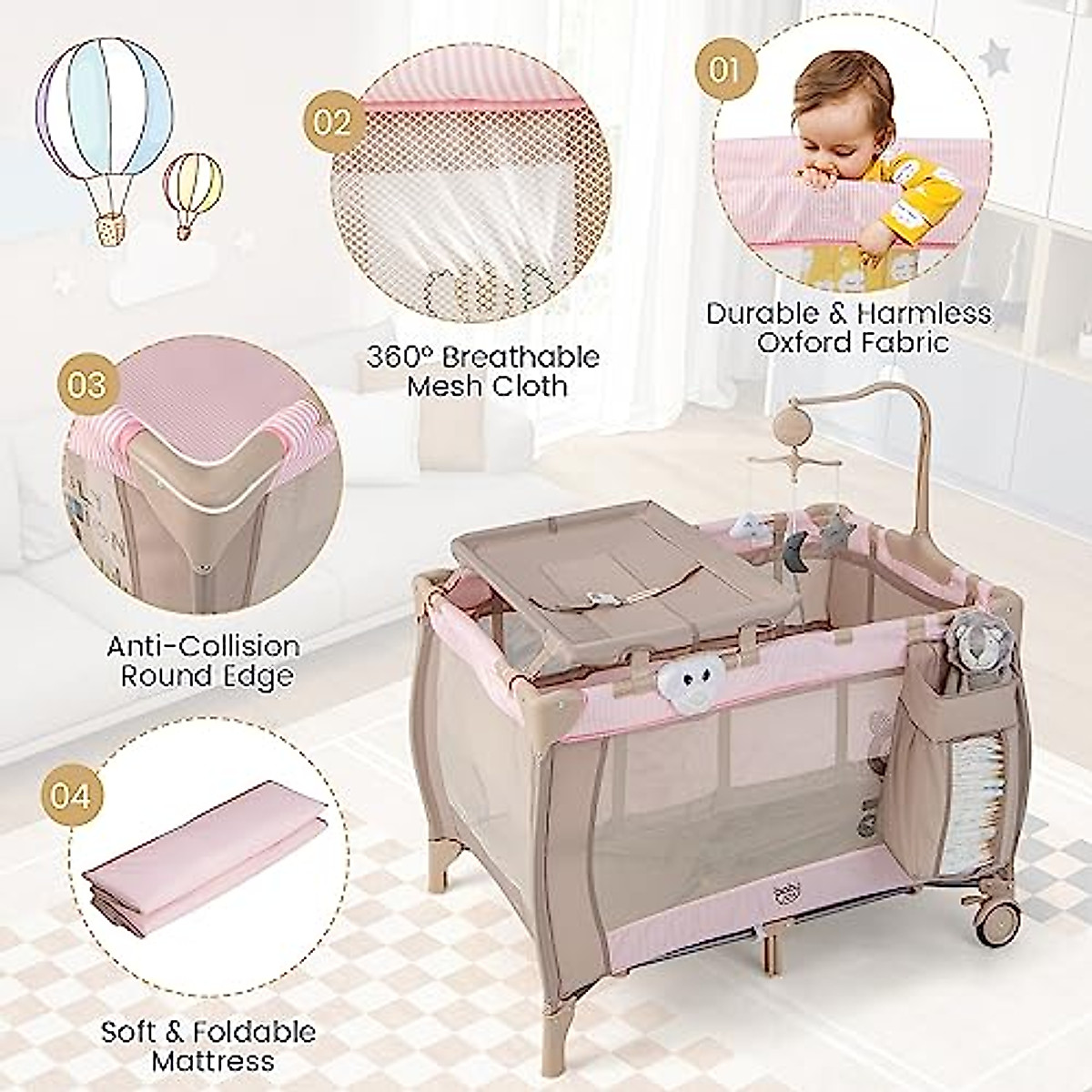 Costzon 3 in 1 Pack and Play with Bassinet, Portable Baby Playard with Changing Table, Bassinet, Music Box, Whirling Toys, Wheels/Brake, Large Basket, Bag, Foldable Travel Crib for Indoor Outdoor