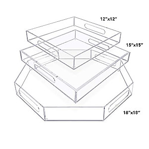 Isaac Jacobs Clear Acrylic Serving Tray (15x15) with Cutout Handles, Spill-Proof, Stackable Organizer, Space-Saver, Food & Drinks Server, Indoors/Outdoors, Lucite Storage Décor & More