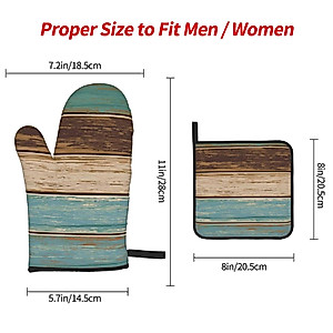 Nautical Vintage Wood Oven Mitts and Pot Holder Set - Retro Blue Ocean Rustic Oil Print Theme Hot Pad Waterproof Heat Resistant Kitchen Microwave Gloves for Cooking BBQ Baking Grilling