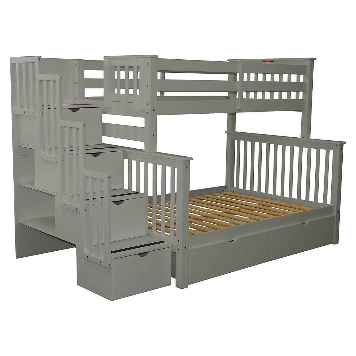 Bedz King Stairway Bunk Beds Twin over Full with 4 Drawers in the Steps and 2 Under Bed Drawers, Gray