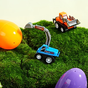 JOYIN 12 Pcs Filled Easter Eggs with Toy Cars, Colorful Prefilled Pull Back Construction Vehicle and Race Car for Kids Boys Hunt, Basket Stuffers, Party Favors