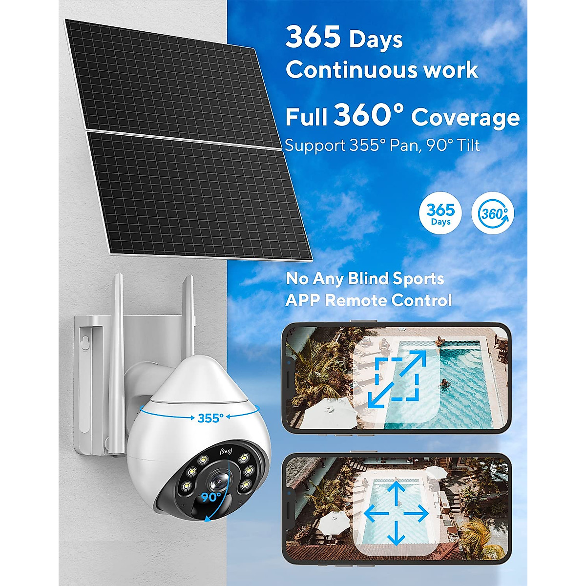 ANWIKE Solar Security Camera Outdoor Full 360°Coverage - Double Solar Panel Pan Tilt Zoom Wireless Security Camera with floodlights Color Night Vision, WiFi Camera 2-Way Audio IP66 Waterproof