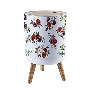Small Trash Can with Lid Set of floral branch Flower red burgundy purple rose green leaves Garbage Bin Wood Waste Bin Press Cover Round Wastebasket for Bathroom Bedroom Kitchen 7L/1.8 Gallon