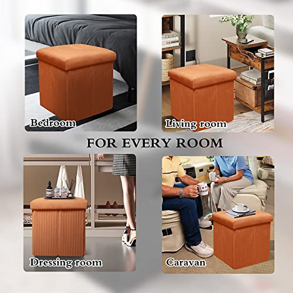 ACEHOME Storage Ottoman Cube, Small Ottoman with Storage, 12 Inch Velvet Tufted Folding Square Storage Ottoman, Small Footstool Rest Padded Seat, Orange