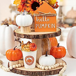 Fall Decor-Fall Decorations for Home-Pumpkin Spice Latte Cups-Artificial Pumpkins-Bead Garland and Wood Sign-Farmhouse Tiered Tray Items for Autumn Thanksgiving Harvest Decoration