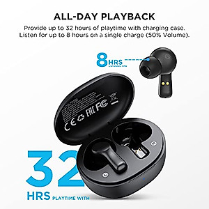 HTC True Wireless Earbuds 1 Bluetooth 5.1 with USB-C Charging Case, 32-Hour Playtime, Built-in Microphone with ENC, Touch Control Wireless Earbuds- Black