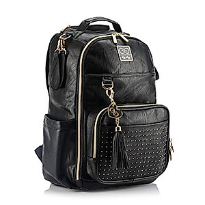 Itzy Ritzy Chelsea + Cole Diaper Bag Backpack - Studded Boss Backpack Diaper Bag Includes 19 Pockets, Changing Pad, Stroller Clips & Tassel; Black with Sweetheart Print Interior & Gold Hardware