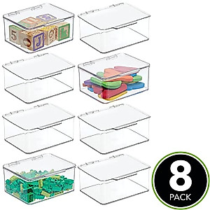 mDesign Plastic Playroom and Gaming Storage Organizer Box Containers with Hinged Lid for Shelves or Cubbies, Holds Small Toys, Building Blocks, Puzzles, Markers, Controllers, or Crayons, 8 Pack, Clear
