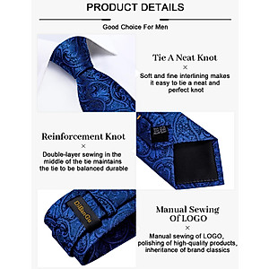 DiBanGu Paisley Ties for Men Silk Necktie and Pocket Square Cufflinks Tie Clip Set Woven Classic Mens Tie for Wedding Party, Royal Blue
