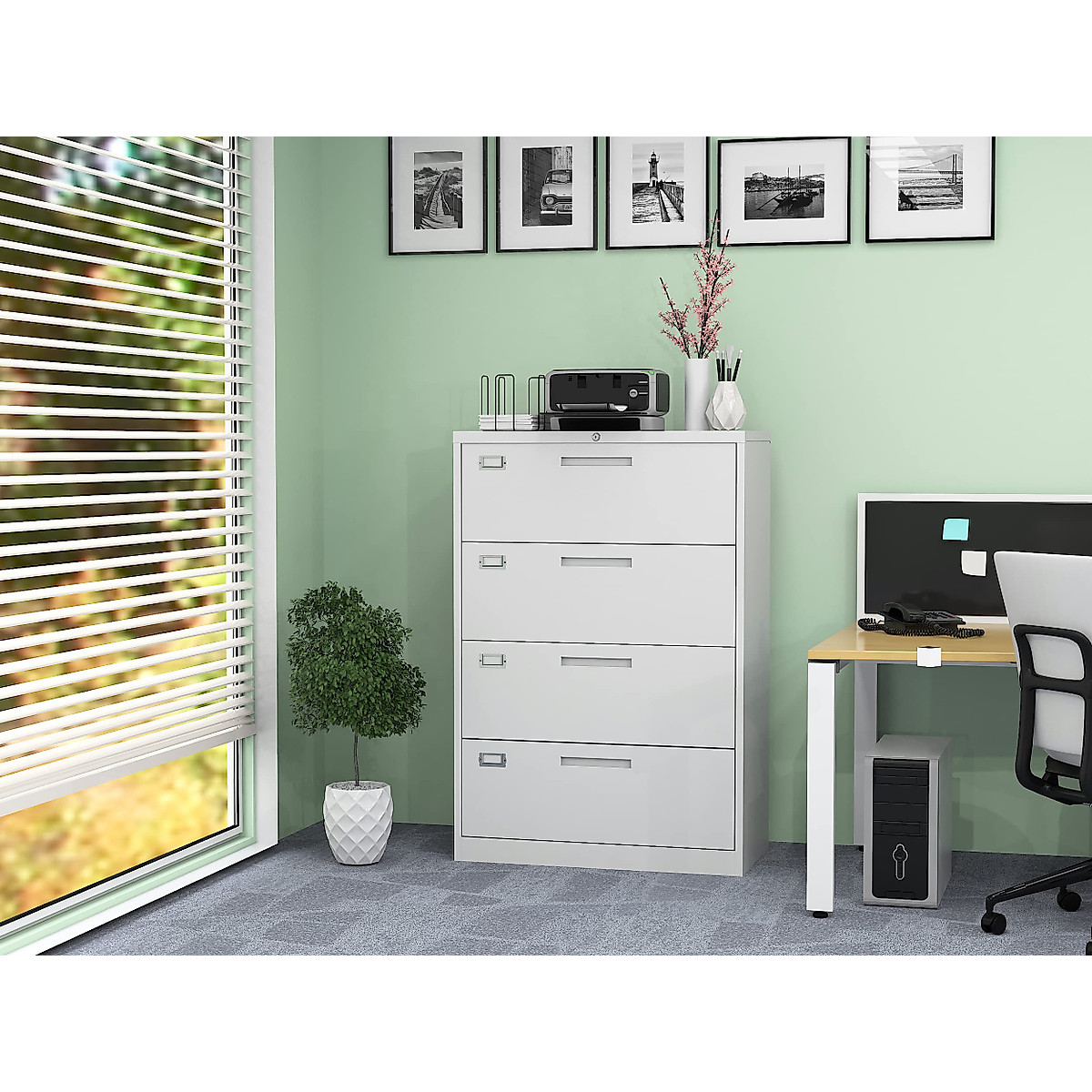 MIIIKO 4 Drawer Lateral File Cabinet with Lock, Black Office Filing Cabinet with Lock, Metal Horizontal Storage Cabinet with Large Drawers for Hanging Letter Legal File Folders